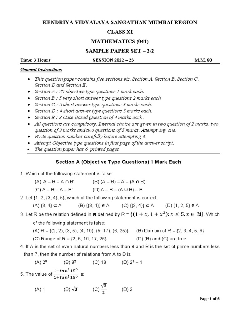 QP Maths XI Set 2 2022 - 23 | PDF | Bridge | Mathematical Concepts