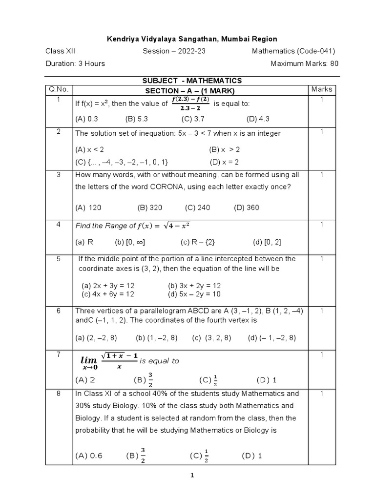 QP - Class XI MATHS - SET-1 PDF | PDF | Mathematics | Mathematical Objects