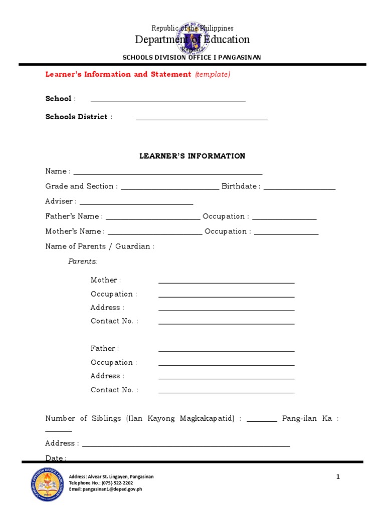 Learners Information and Statement - Template | PDF