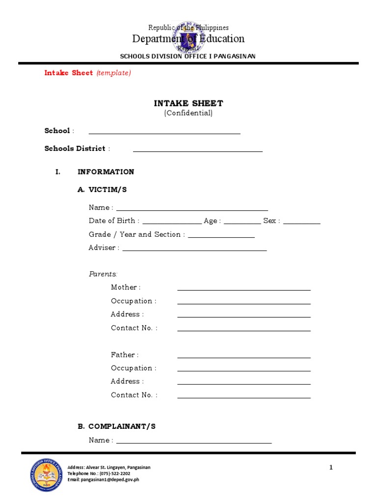 Intake Sheet - Template | PDF | Misconduct | Social Institutions