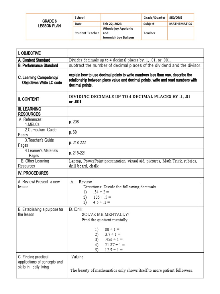 Lesson Plan - Math 6 | PDF | Division (Mathematics) | Lesson Plan