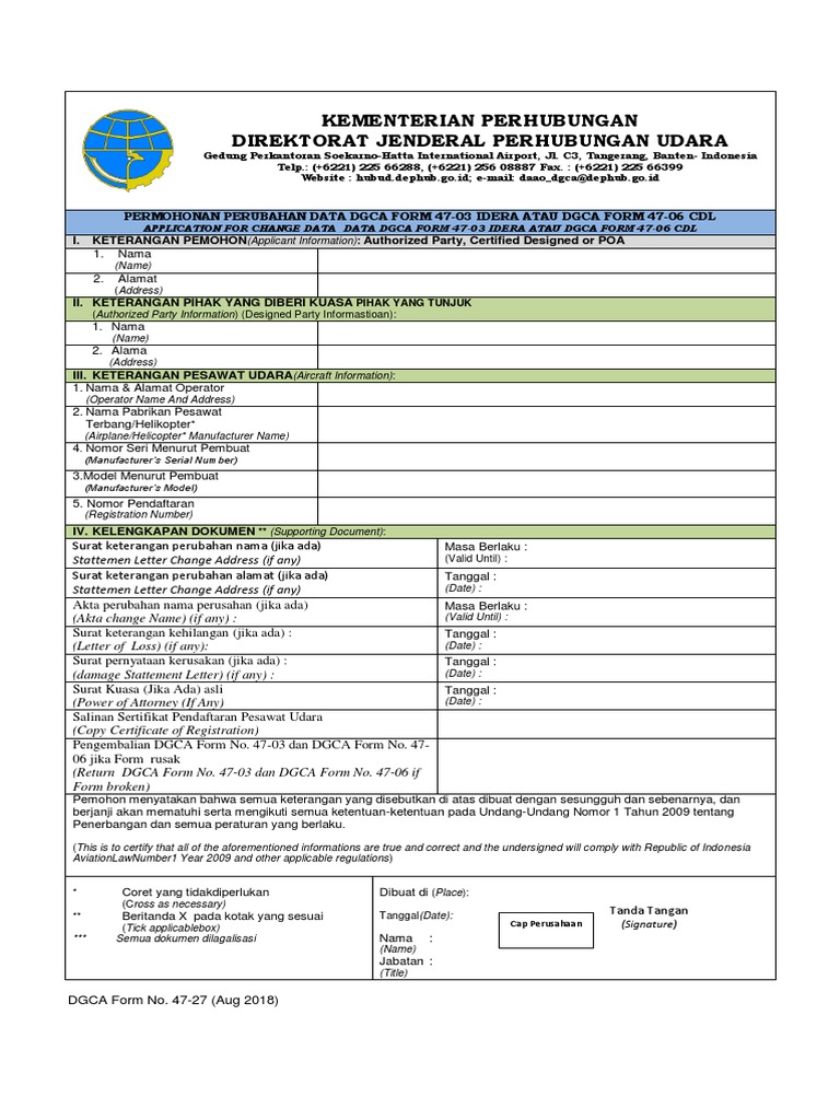 Dgca Form 47-27 Permohonan Perubahan Data Dgca Form 47-03 Idera Atau Dgca Form 47-06 CDL | PDF
