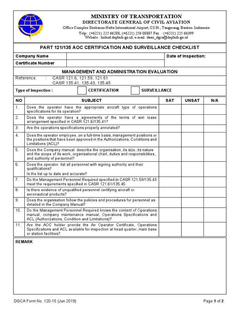 DGCA Form 120-15 Management and Administration Evaluation - June 2019 ...