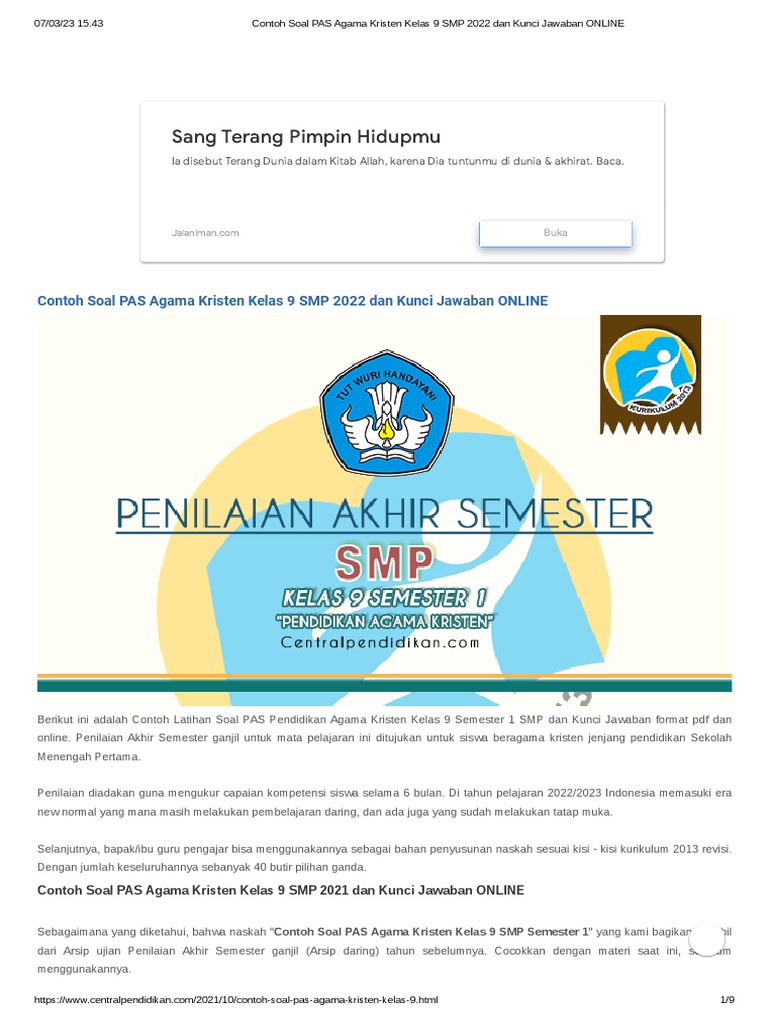 Contoh Soal PAS Agama Kristen Kelas 9 SMP 2022 Dan Kunci Jawaban ONLINE | PDF | Agama ...