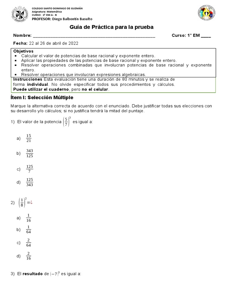 Guía Preprueba 1 Potencias de Base Racional y Exp Algebraicas | PDF | Matemáticas | Álgebra