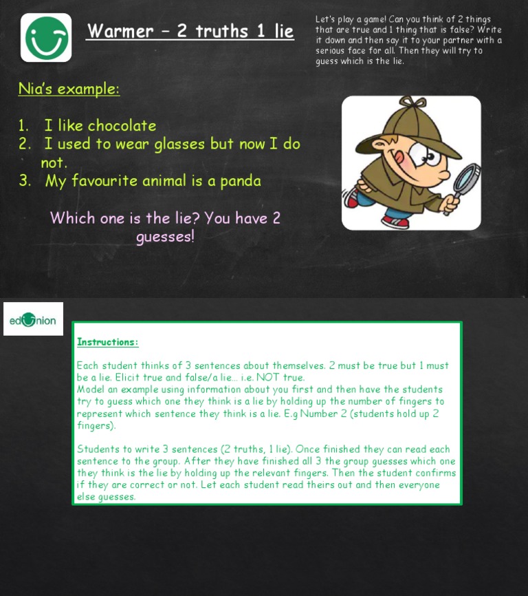 2 Truths 1 Lie Activity - ESL warmer PPT | PDF | Cognition | Cognitive ...