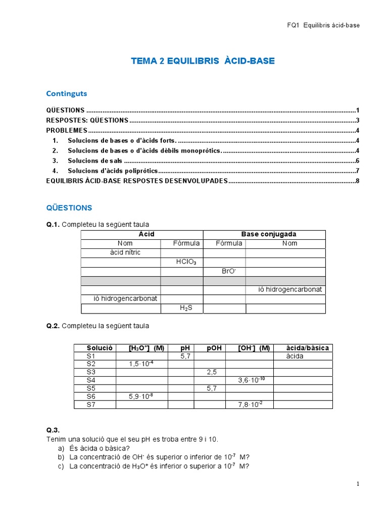 Tema 2 2020 - EXERCICIS - EQUILIBRIS - ACID - BASE | PDF