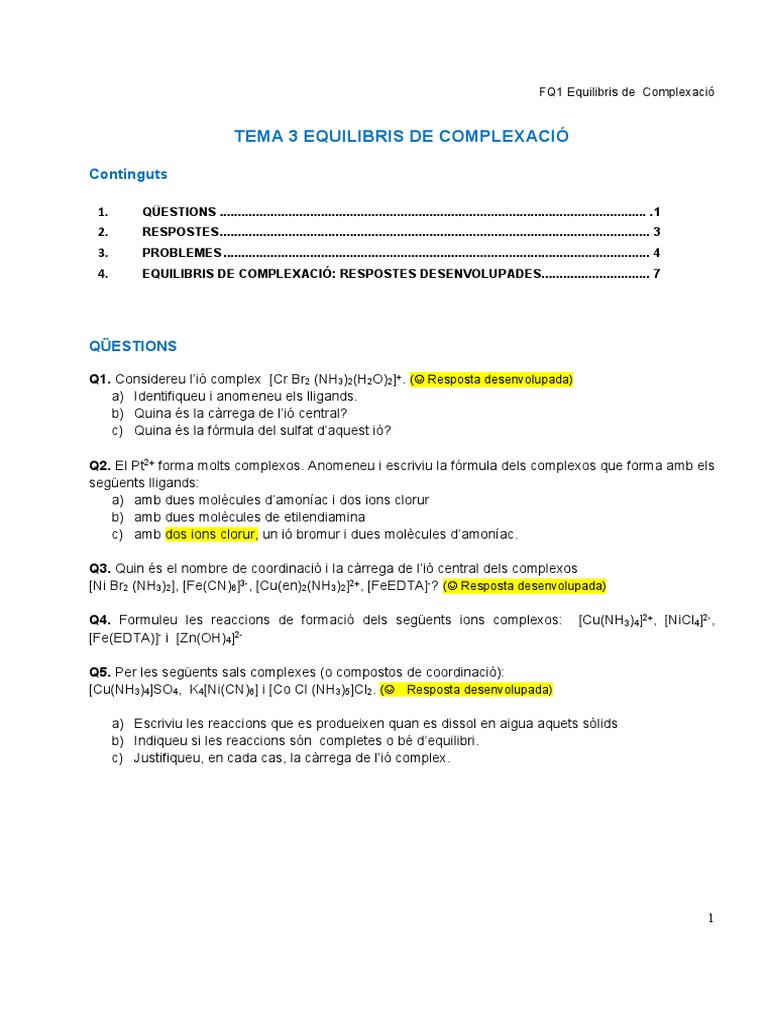Tema 3 2020 - EXERCICIS - EQUILIBRIS DE COMPLEXACIÓ | PDF