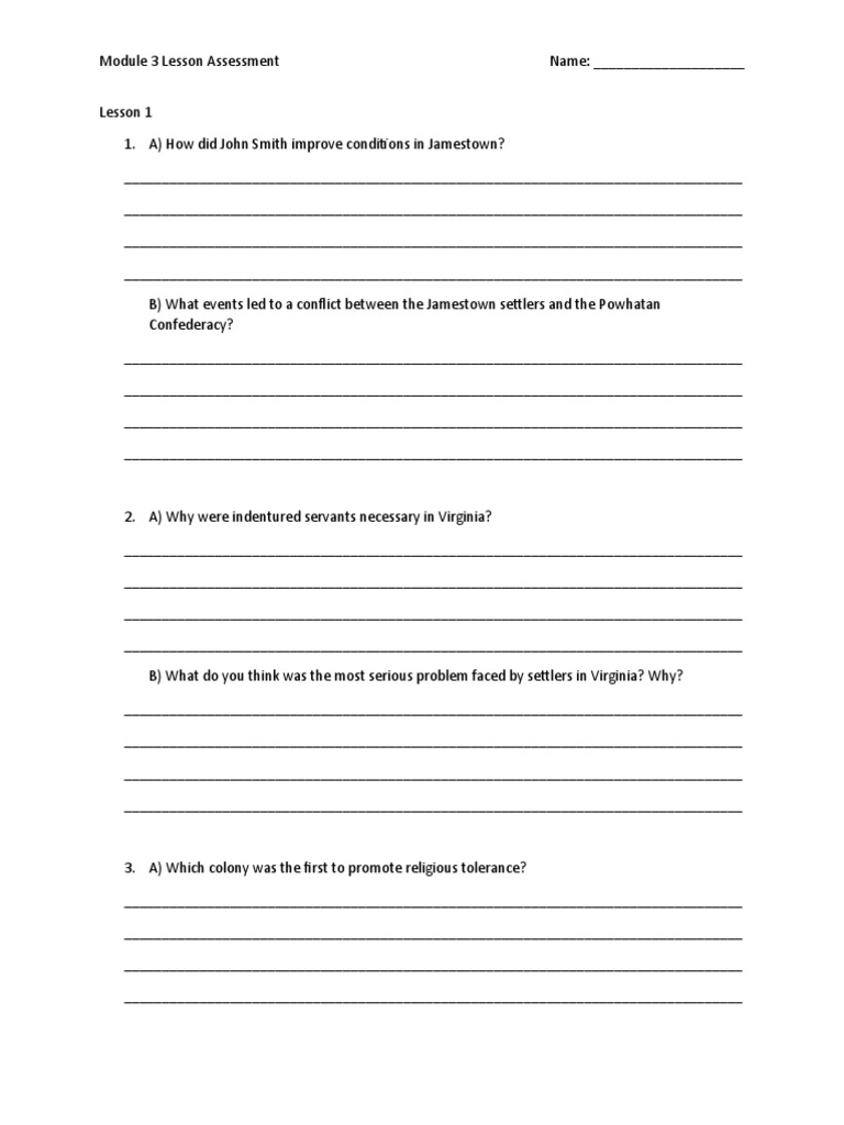 Module 3 Lesson Assessments | PDF | Colonial United States (British ...