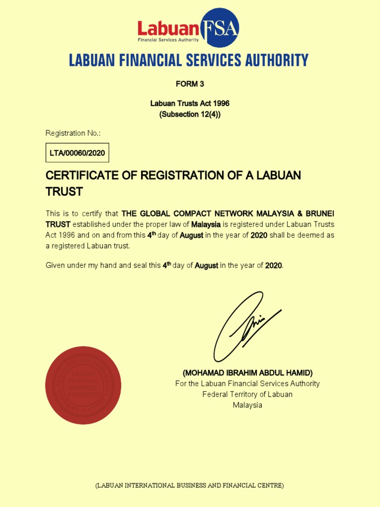 Labuan Trust Registration Certificate | PDF | Finance & Money Management