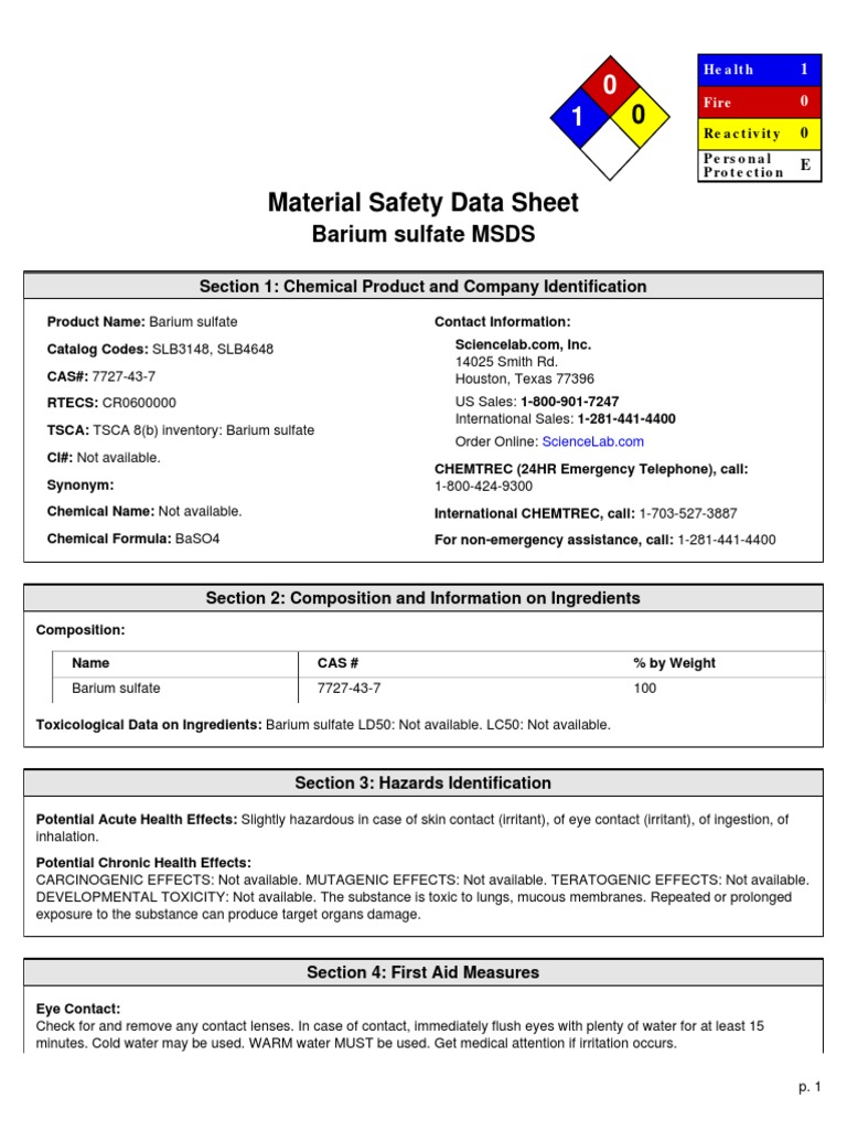 Barium Sulfate MSDS Overview | PDF | Toxicity | Water