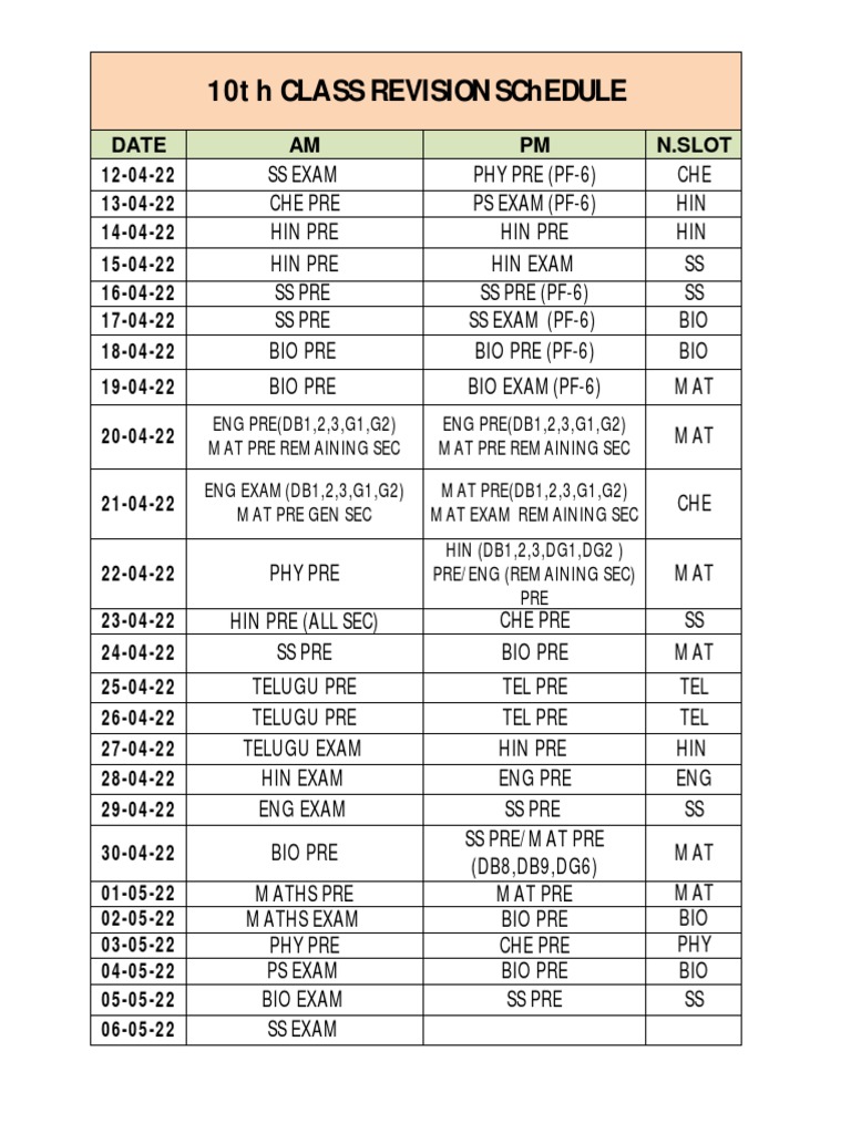 10th CLASS PREFINAL - 6 - REVISION SCHEDULE | PDF