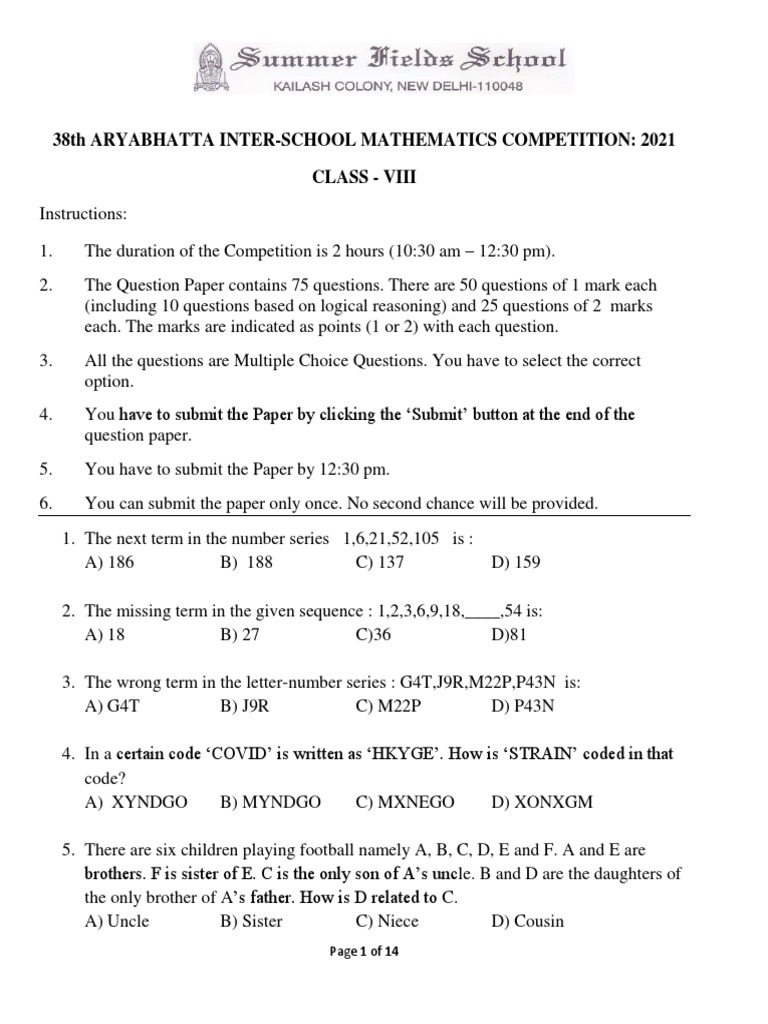 Aryabhatta Class 8 Maths Competition 2021 | PDF | Triangle | Area