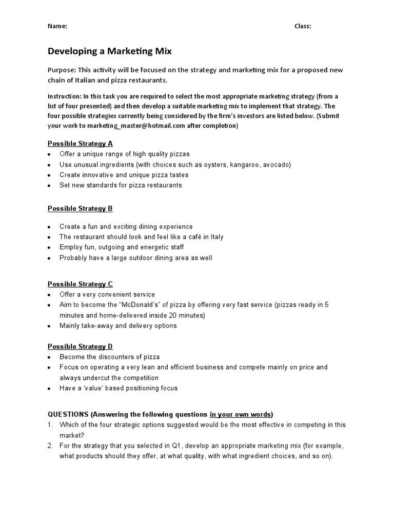 Developing A Marketing Mix Worksheet | PDF | Marketing | Pizza