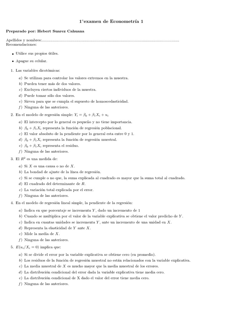 Análisis de un examen de Econometría 1 | PDF | Mínimos cuadrados ordinarios | Error estándar