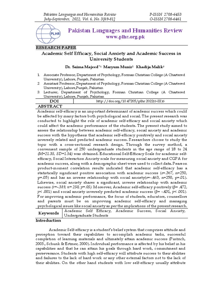 Academic Self Efficacy, Social Anxiety and Academic Success in ...