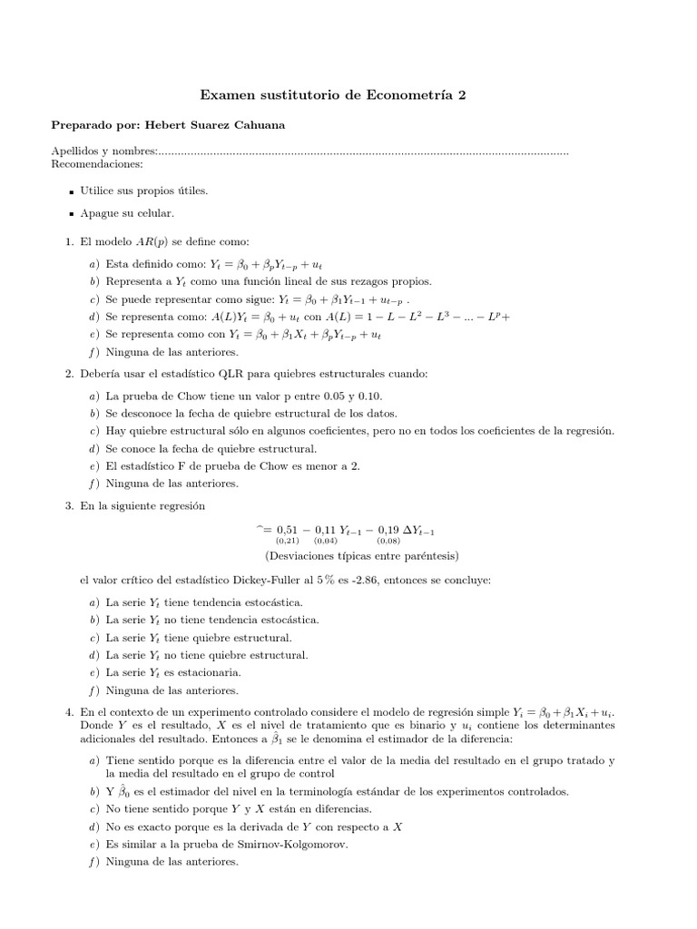 Sustitutorio Econometria 2 | PDF | Mínimos cuadrados ordinarios | Estimador