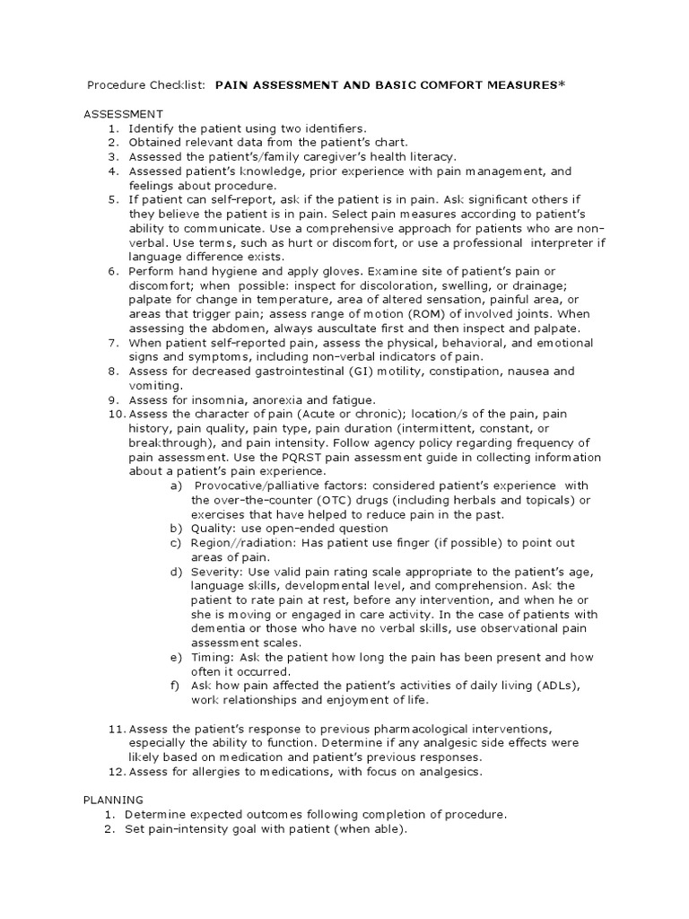 Pain Assessment Procedure Checklist | PDF | Pain | Pain Management