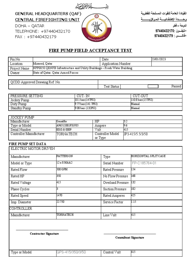 Fire Pump Field Acceptance Test Form | PDF | Pump | Horsepower