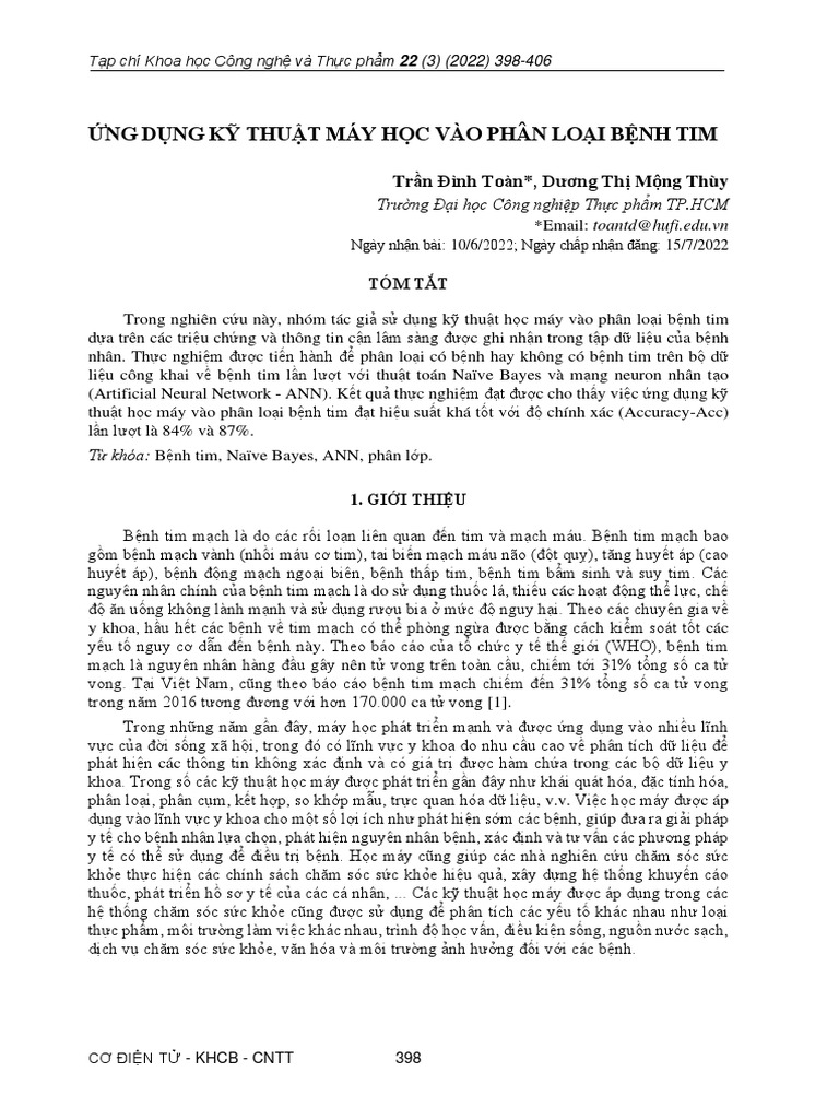 Ứng dụng kỹ thuật máy học vào phân loại bệnh tim - Trần Đình Toàn & Dương Thị Mộng Thùy | PDF