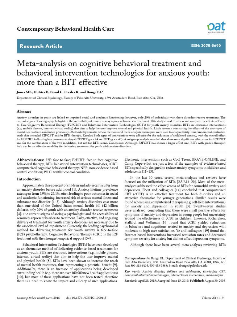 Metaanalysis On Cognitive Behavioral Treatment And Pdf Cognitive