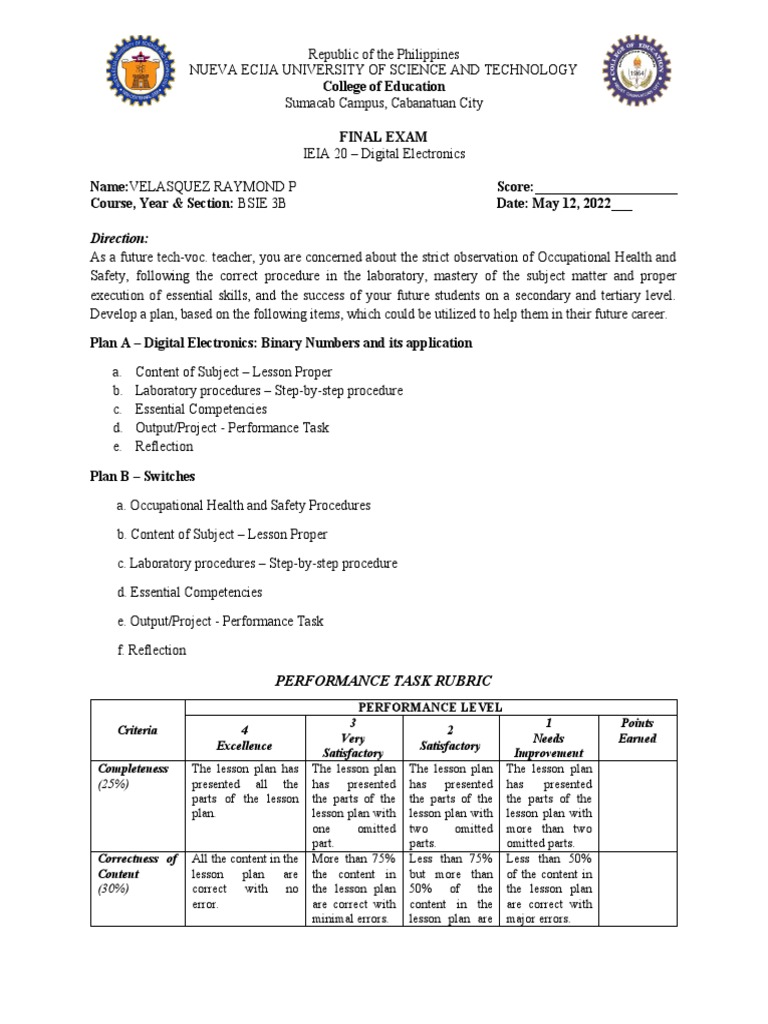 Final Exam Velasquez Raymond P Bsie 3B | PDF | Lesson Plan | Cognitive ...
