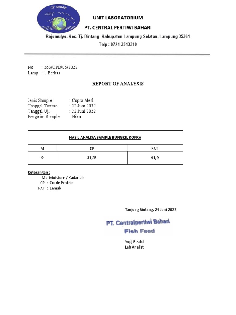 Copra Meal Analysis Report | PDF