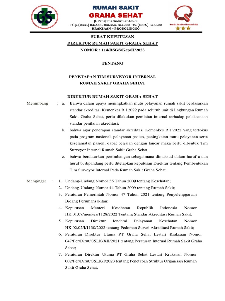 Tim Surveyor Internal RS Graha Sehat | PDF