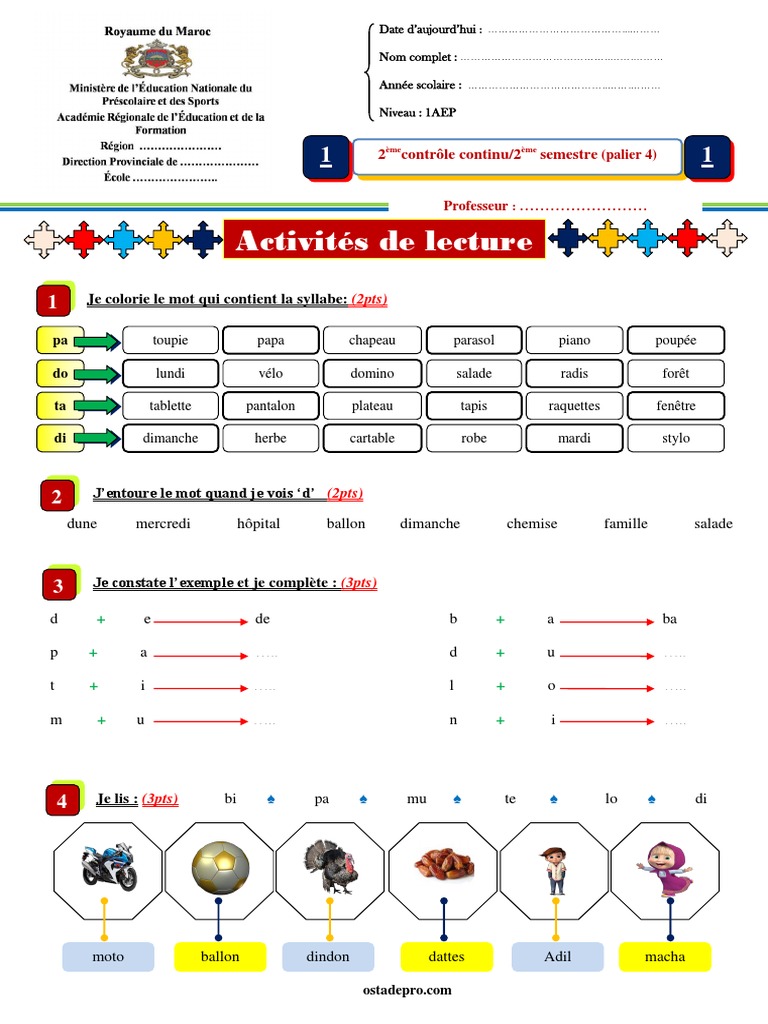 Activités de Lecture Niveau 1AEP | PDF