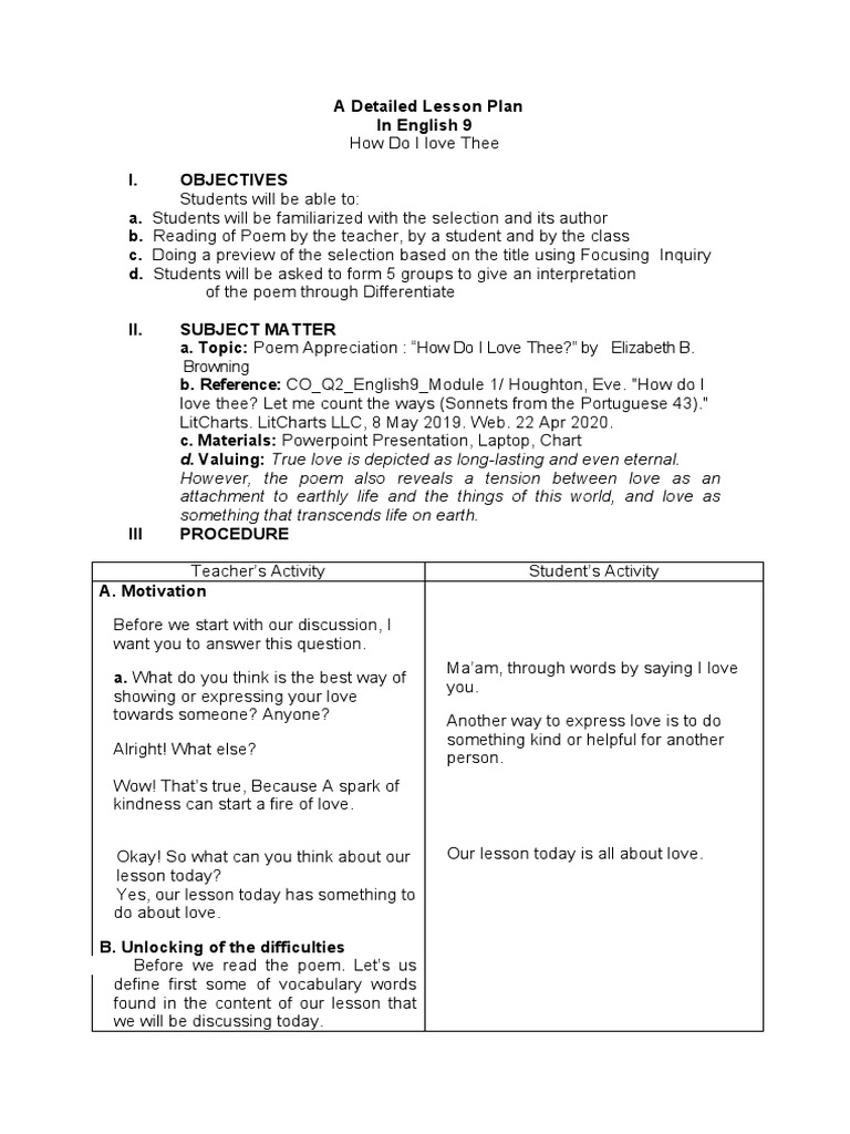 Lesson Plan: Analyzing "How Do I Love Thee" | PDF | Poetry | Love