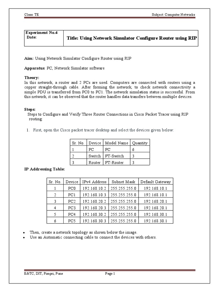 Group A Exp 4 Using Network Simulator Packet Tracer Configure Router Using Rip Pdf Ip