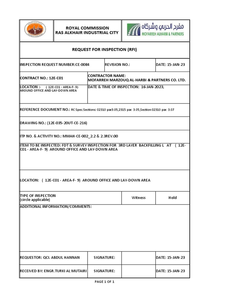 RFI HPR FORM - 12E-C01-CE-0084 - 3rd LAYER BACFILLING AT PROJECT F 9 ...