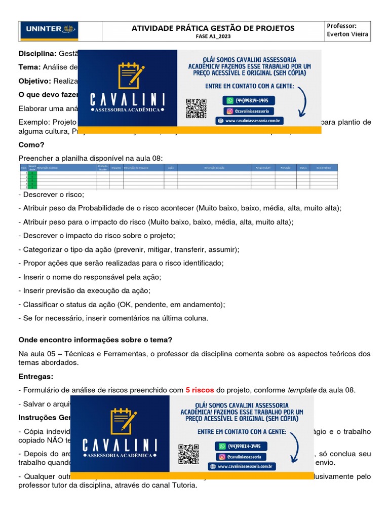 Atividade Prática de Gestão de Projetos - Uninter | PDF