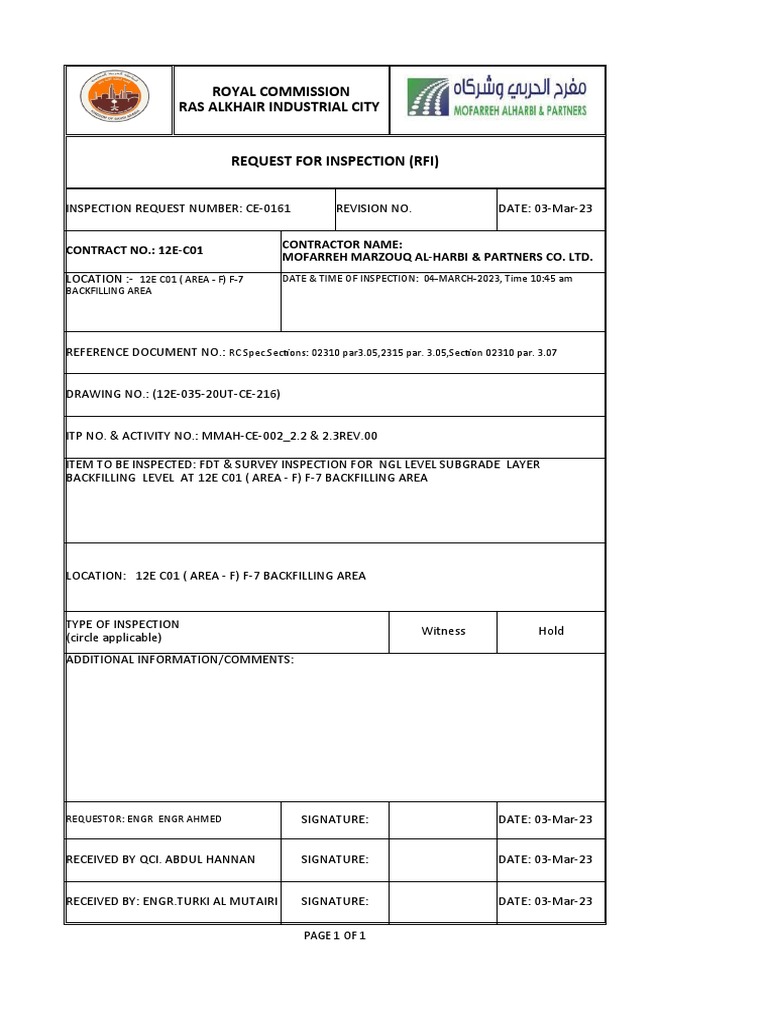 Rfi HPR Form - 12e-C01-Ce-0161 - Ngl-Subgrade Layer Backfilling Area-F ...