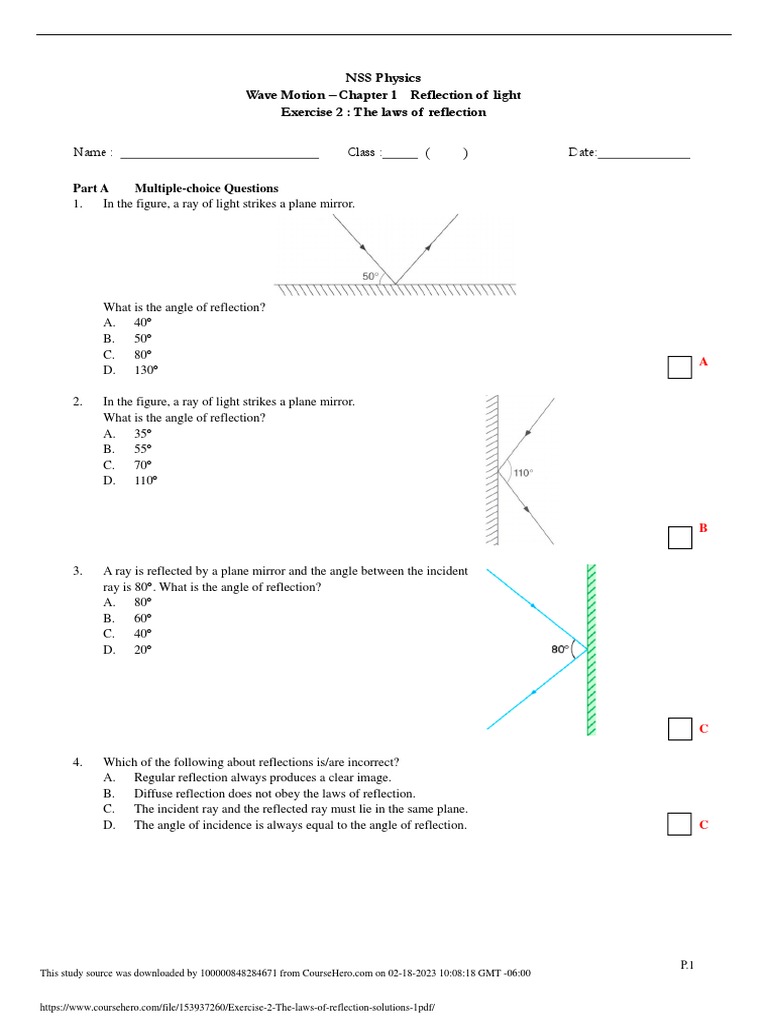 Exercise 2 The Laws of Reflection Solutions 1 PDF | PDF | Reflection ...
