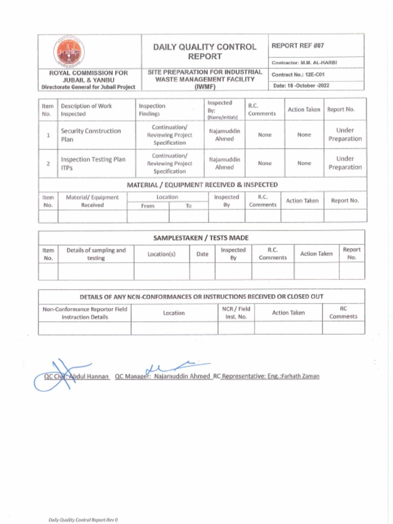 12E-C01 DAILY QUALITY CONTROL REPORT #7 TO 9 - 20 - October - 22 | PDF