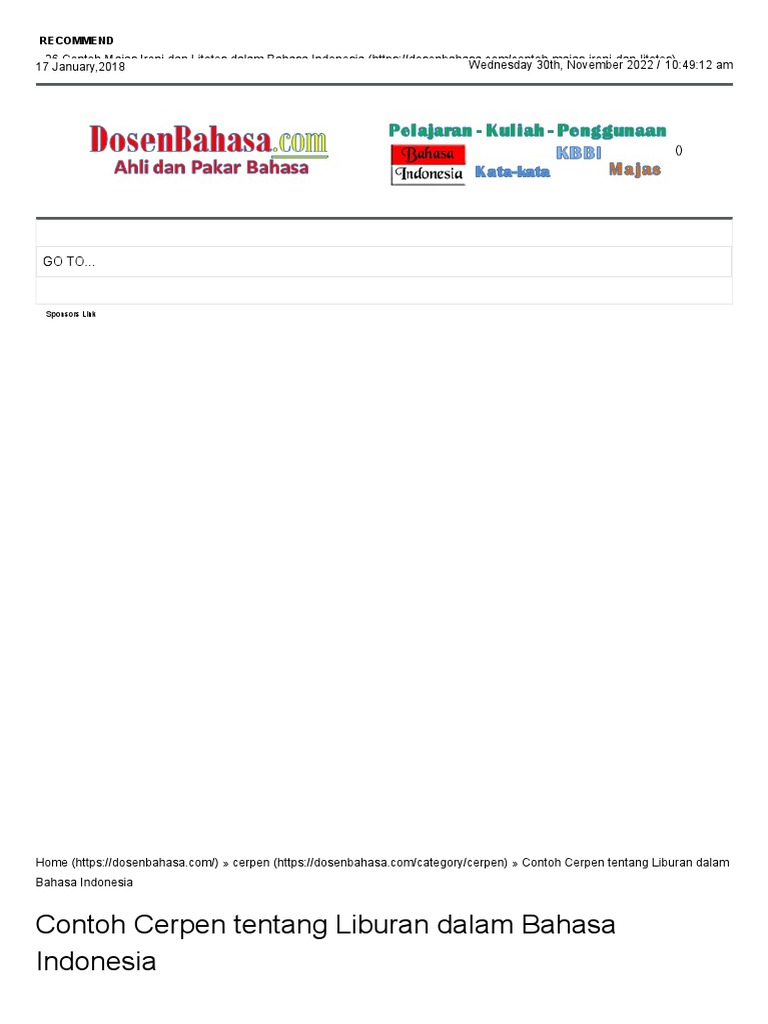Contoh Cerpen Tentang Liburan Dalam Bahasa Indonesia | PDF
