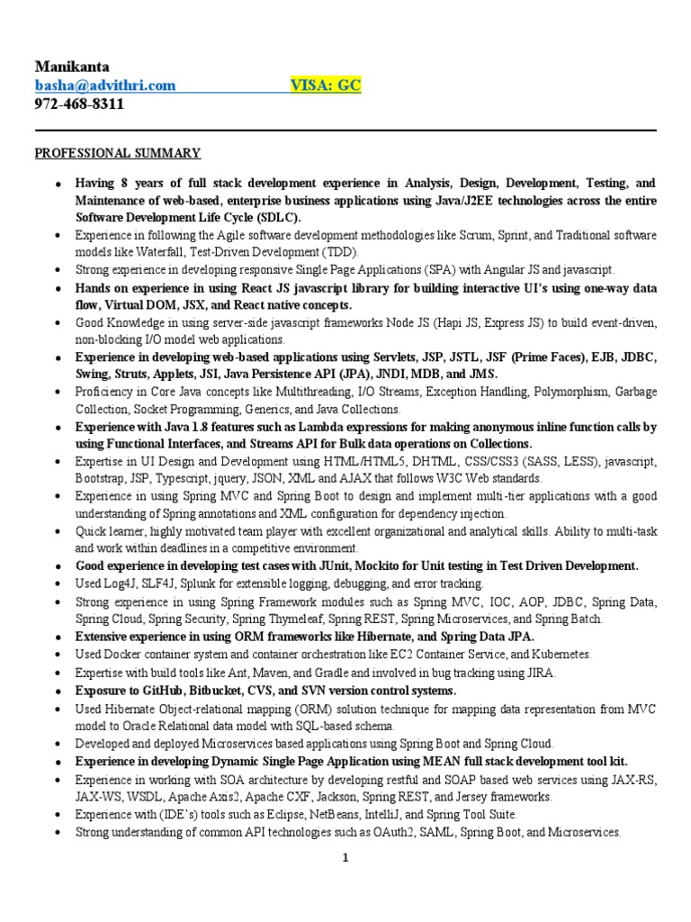 Manikanta-Java Developer | PDF | Spring Framework | Applications & Software