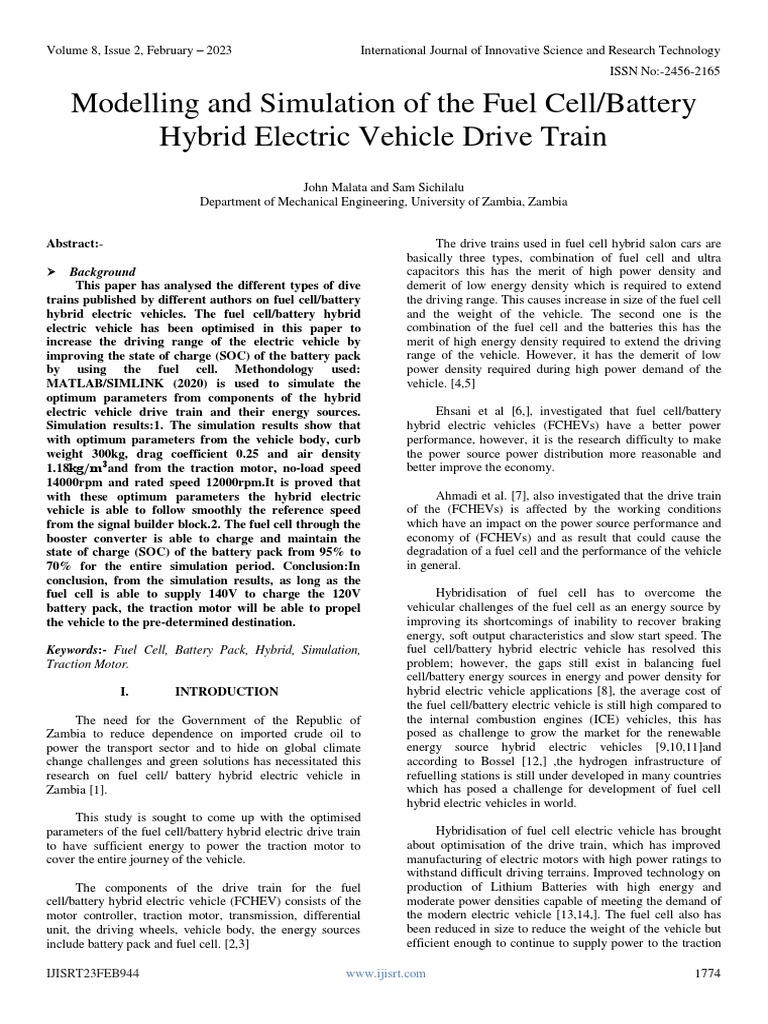Modelling and Simulation of The Fuel CellBattery Hybrid Electric ...