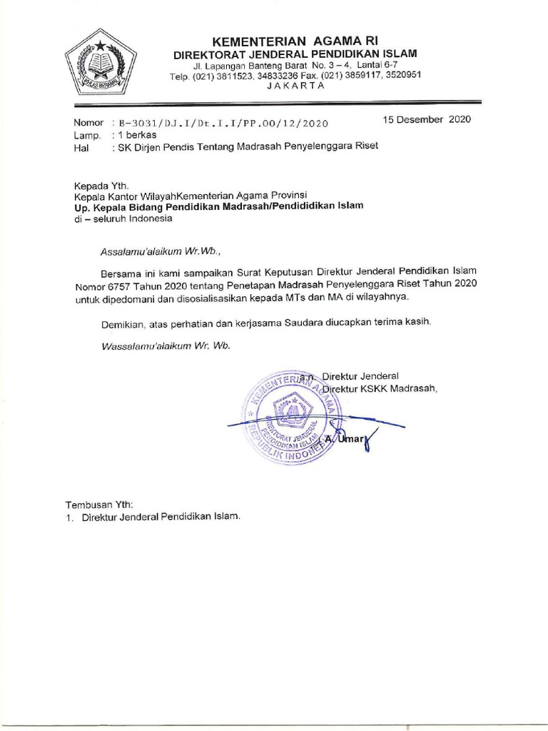 Kemenag Pendis 2020 6757 SK Penetapan Madrasah Penyelenggara Riset Tahun 2020 PDF Free | PDF