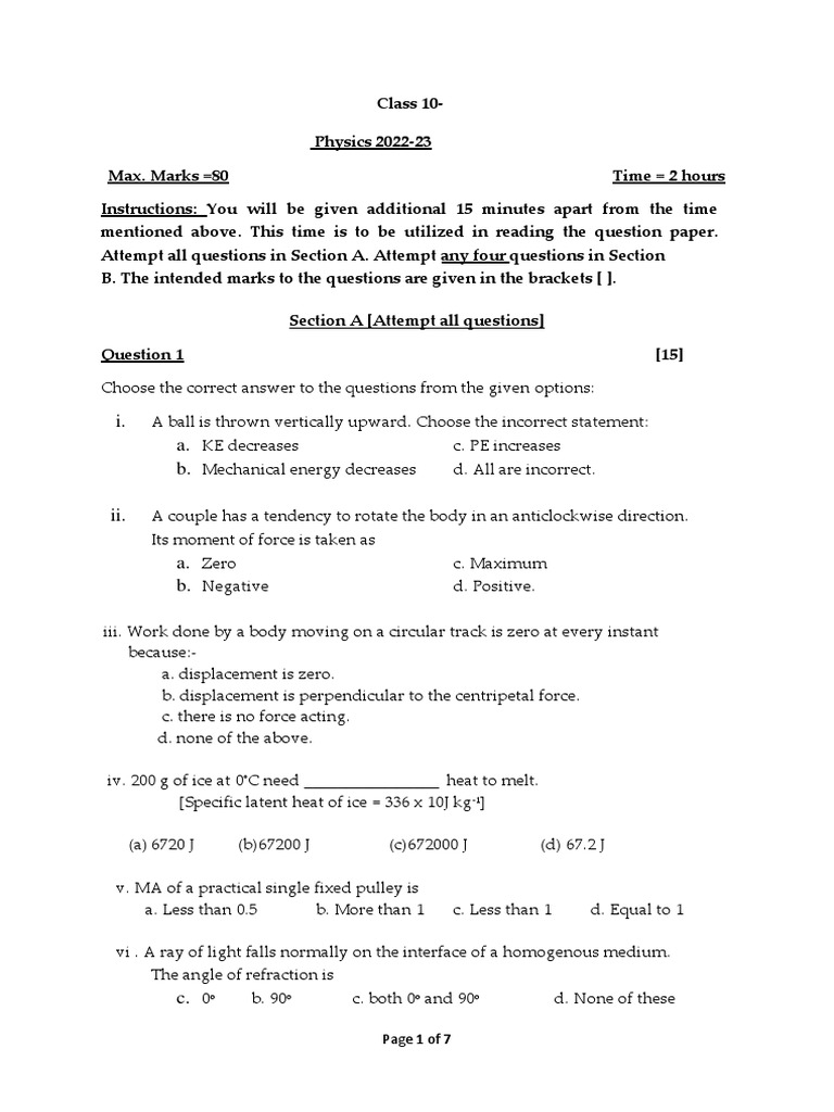 Physics Practice Paper 1 - STD X PDF | PDF | Electrical Resistance And Conductance | Heat