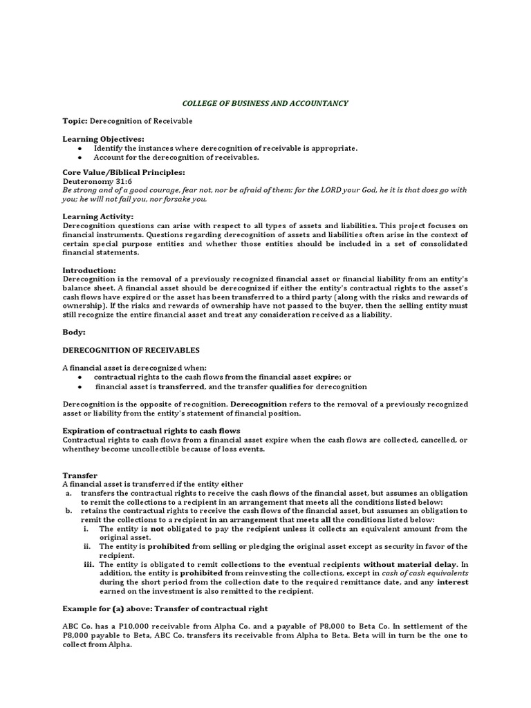 Module 8 - Derecognition of Receivables | PDF | Balance Sheet | Loans