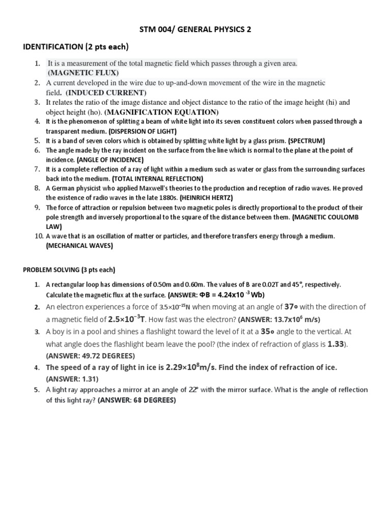 STM 004 LAST QUIZ With Aswers | PDF | Magnetic Field | Reflection (Physics)