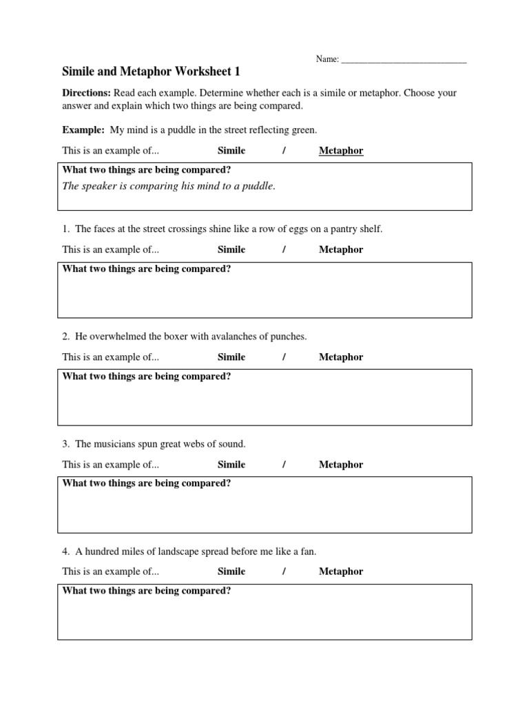 Simile and Metaphor Worksheet 01 PDF | PDF | Metaphor