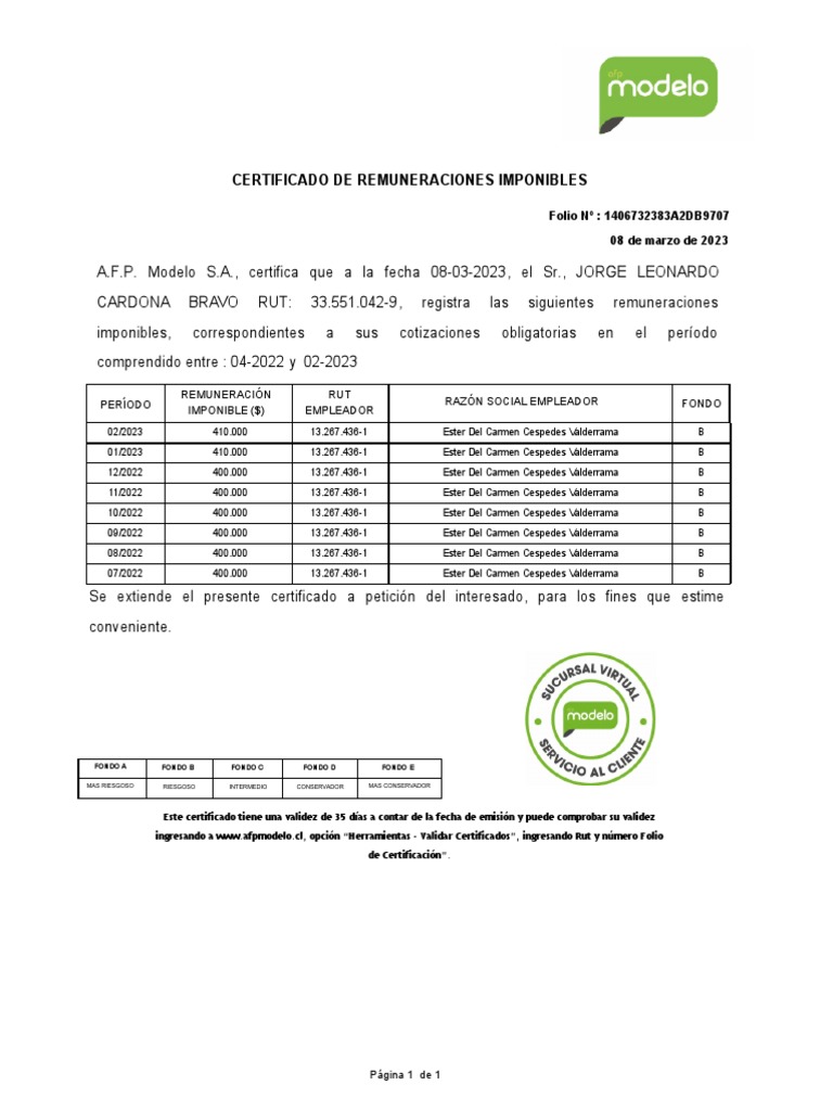 Certificado de Remuneraciones AFPModelo | PDF