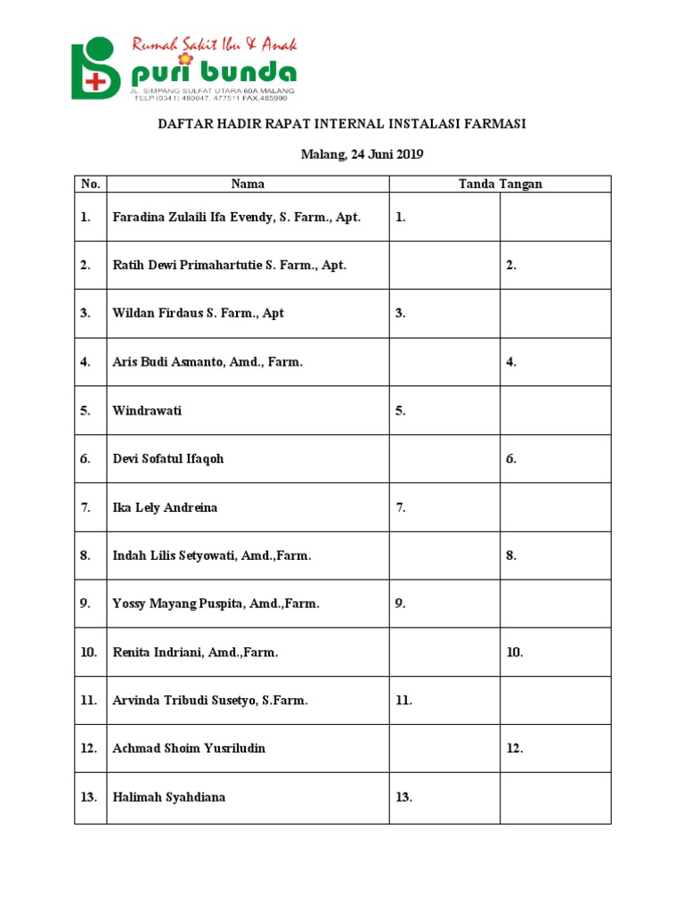 DAFTAR HADIR RAPAT INTERNAL INSTALASI FARMASI | PDF