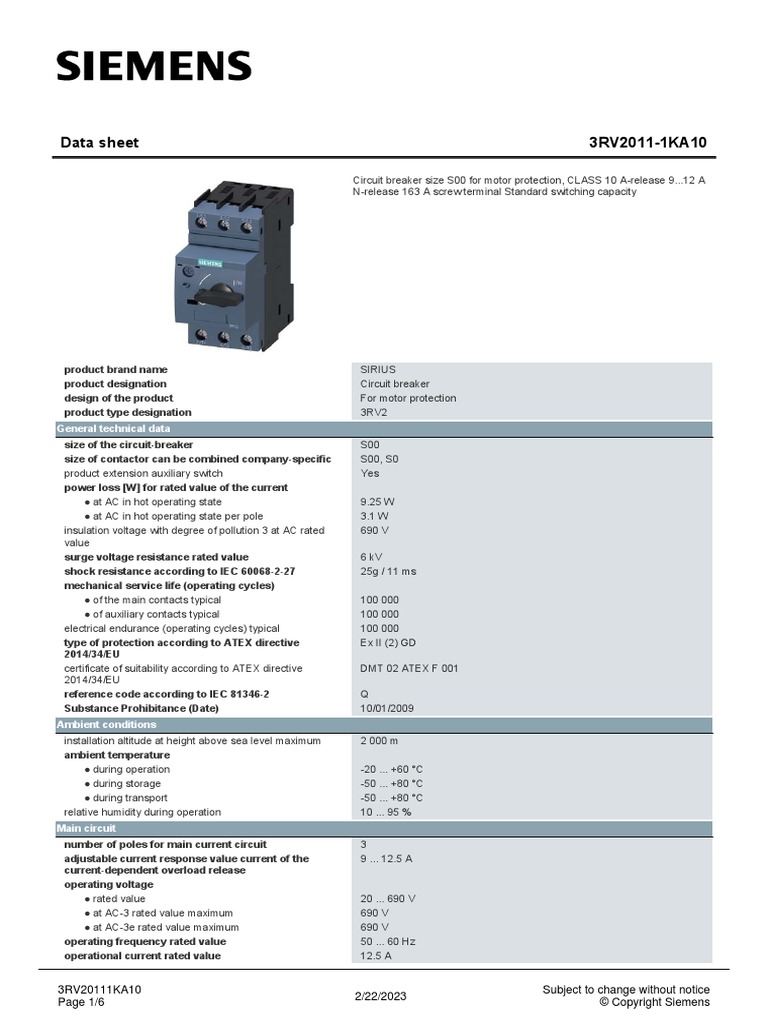 3RV20111KA10 Datasheet en PDF | PDF | Alternating Current | Electrical Components