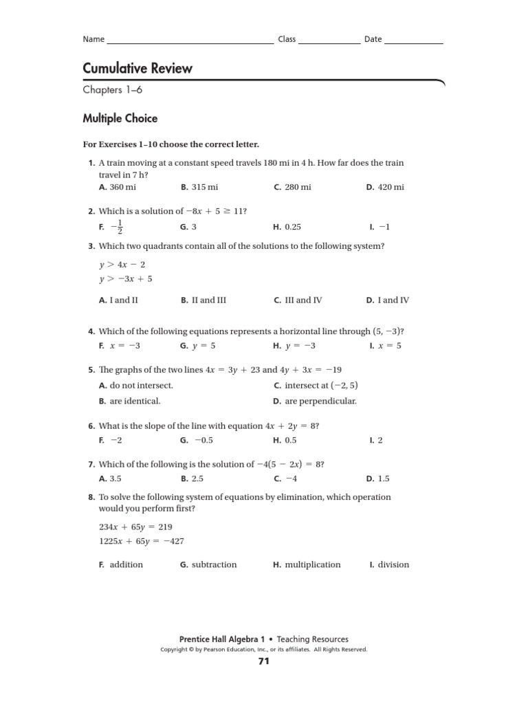 Cumulative Review: Multiple Choice | PDF | Equations | Elementary ...