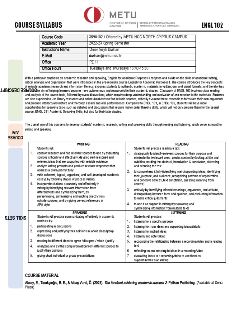 Course Syllabus: ENGL 102 | PDF | Information | Academic Dishonesty