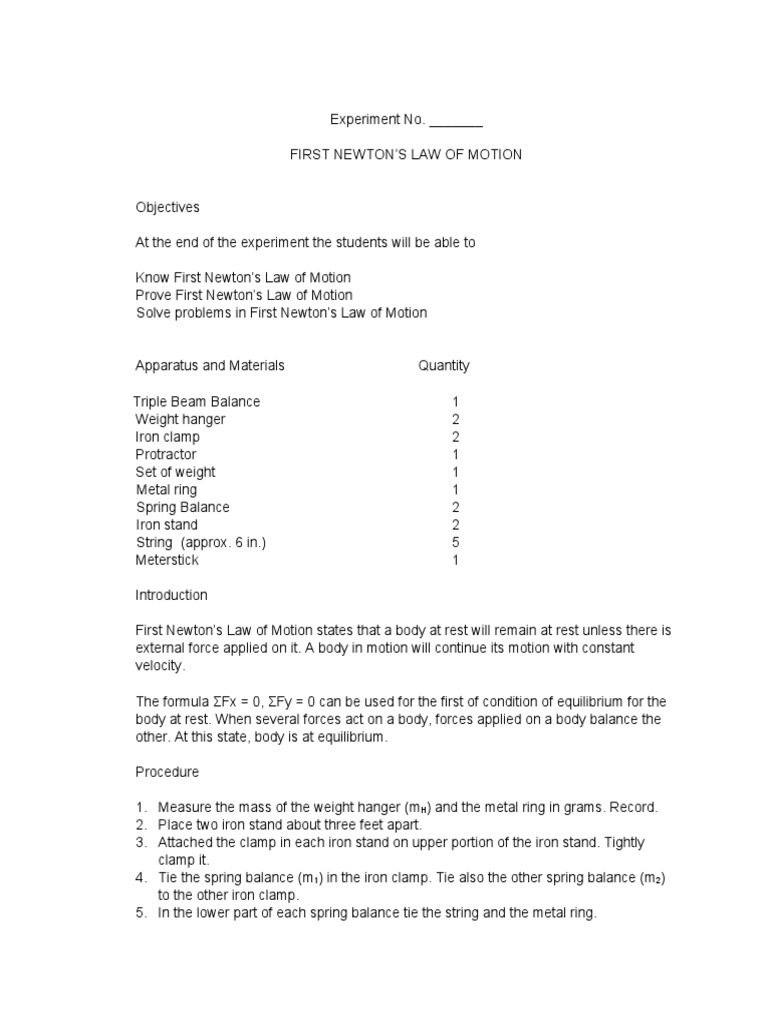 EXPERIMENT No 3 FIRST NEWTONS LAW OF MOTION | PDF | Force | Weight